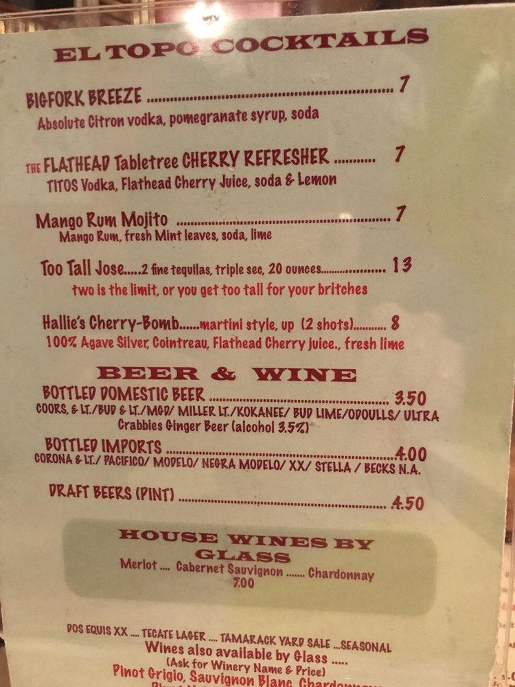 Menu at El Topo Cantina restaurant, Bigfork, Montana Hwy 35