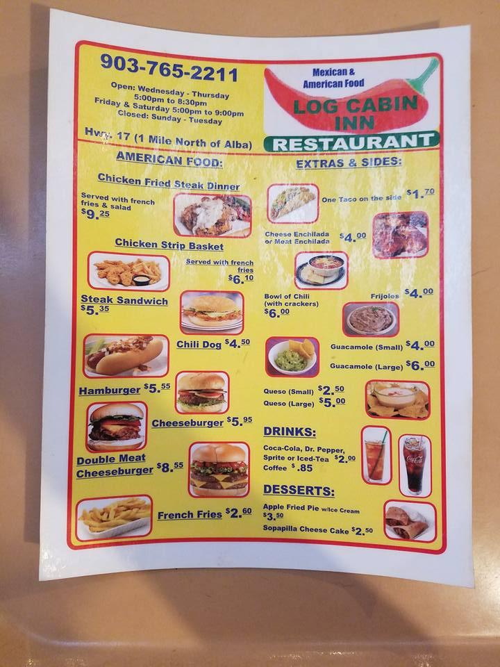 Menu at Log Cabin Inn restaurant, Alba, 618 N Fm 17
