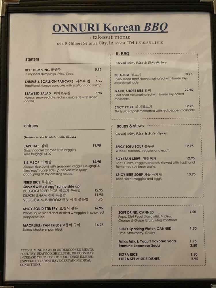 Menu at ONNURI Korean BBQ, Iowa City