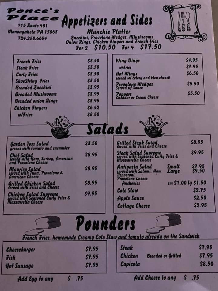 Menu at Ponce's Place restaurant, Monongahela