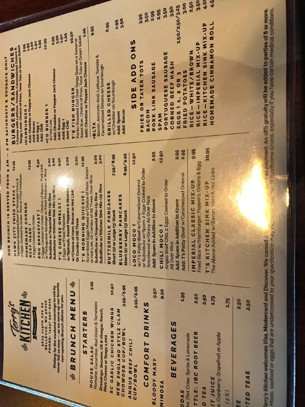 Menu at Terry's Kitchen restaurant, Bellevue