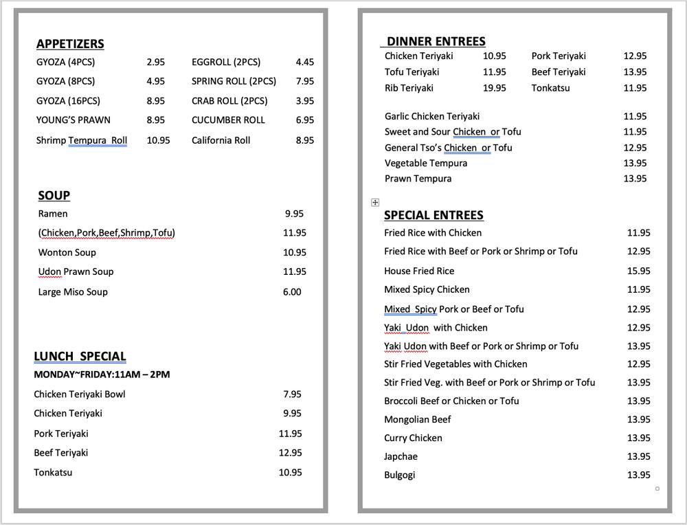 Menu at Young's Teriyaki restaurant, Yelm