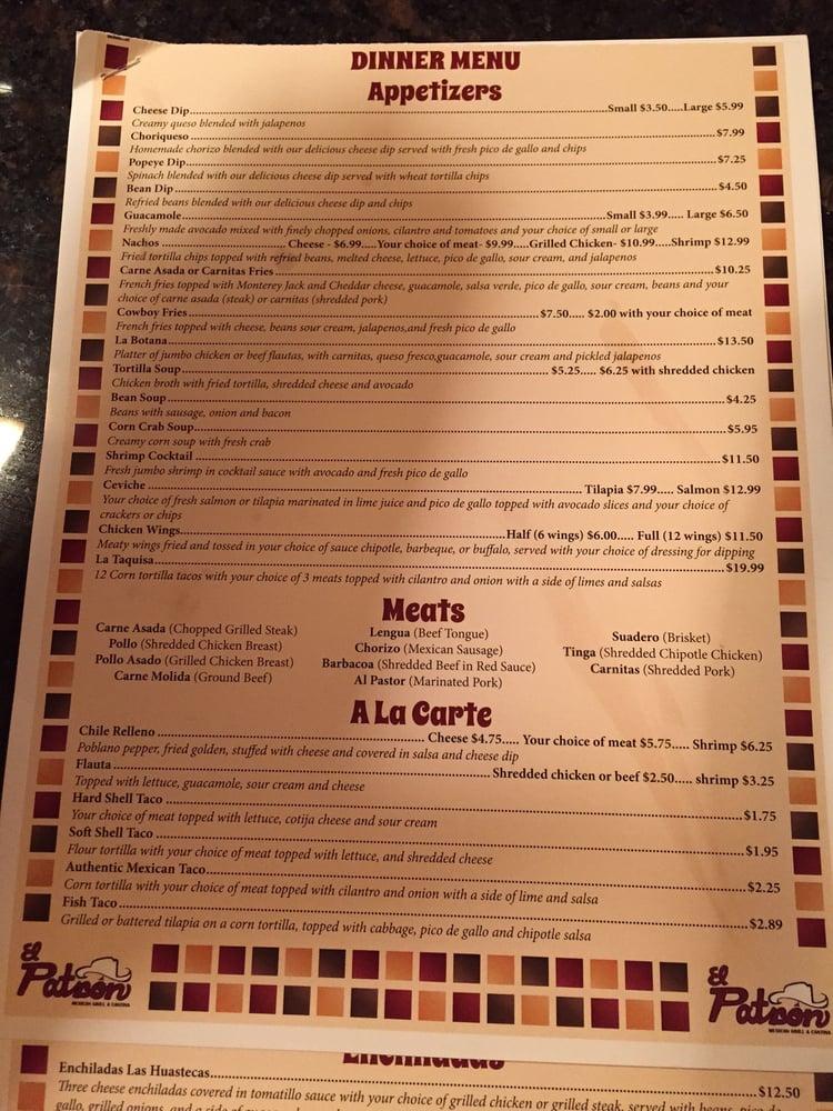 Carta del pub y bar El Patron Mexican Grill & Cantina, Gretna, 516 ...