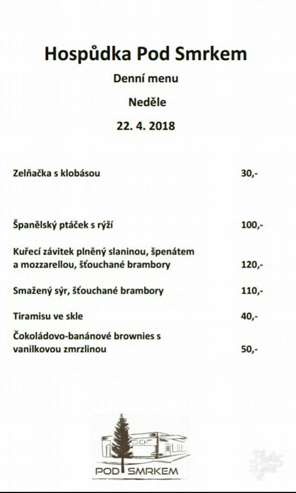 Menu at Hospůdka Pod Smrkem restaurant, Nečín