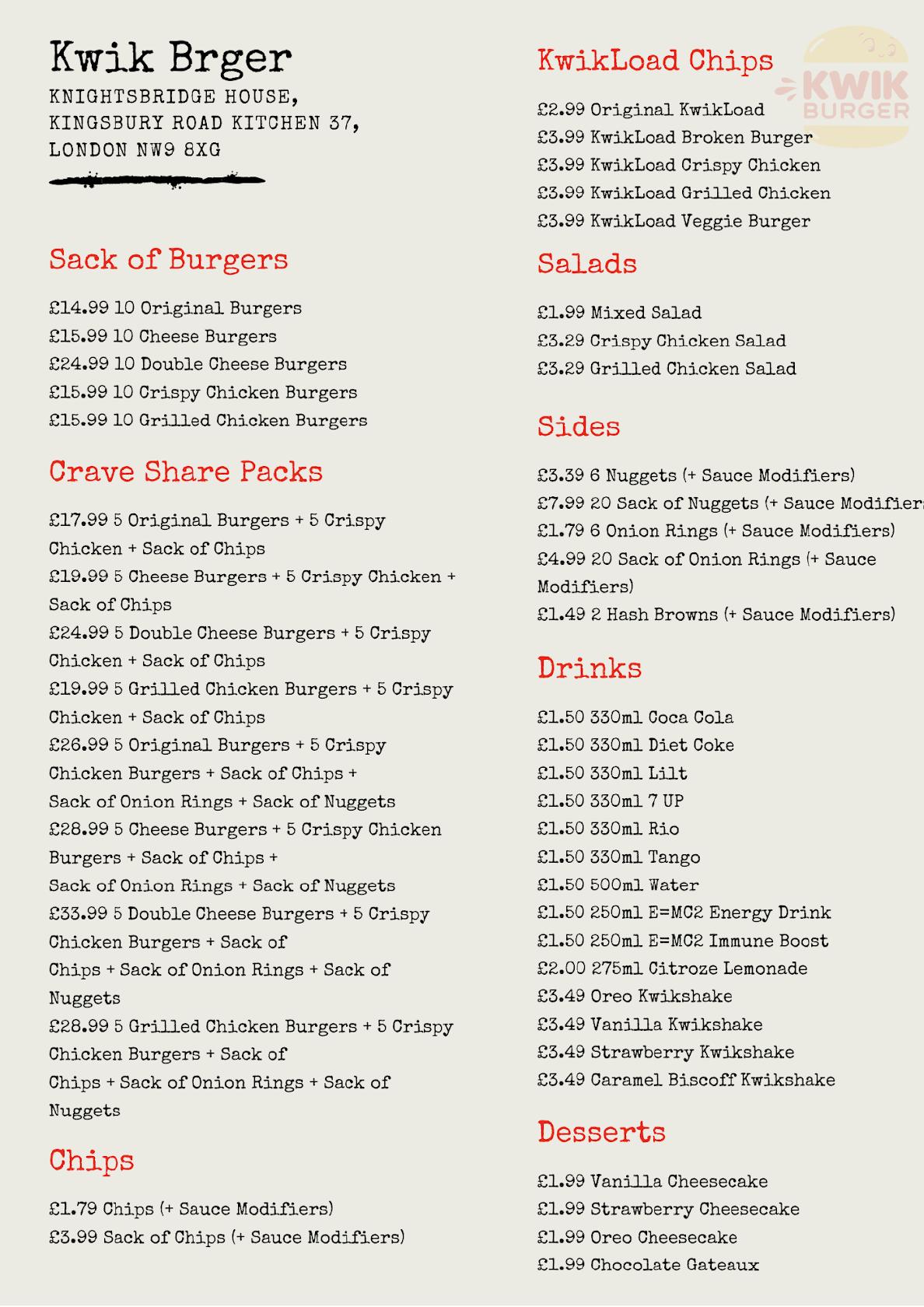 Menu at Kwik Burger restaurant, London