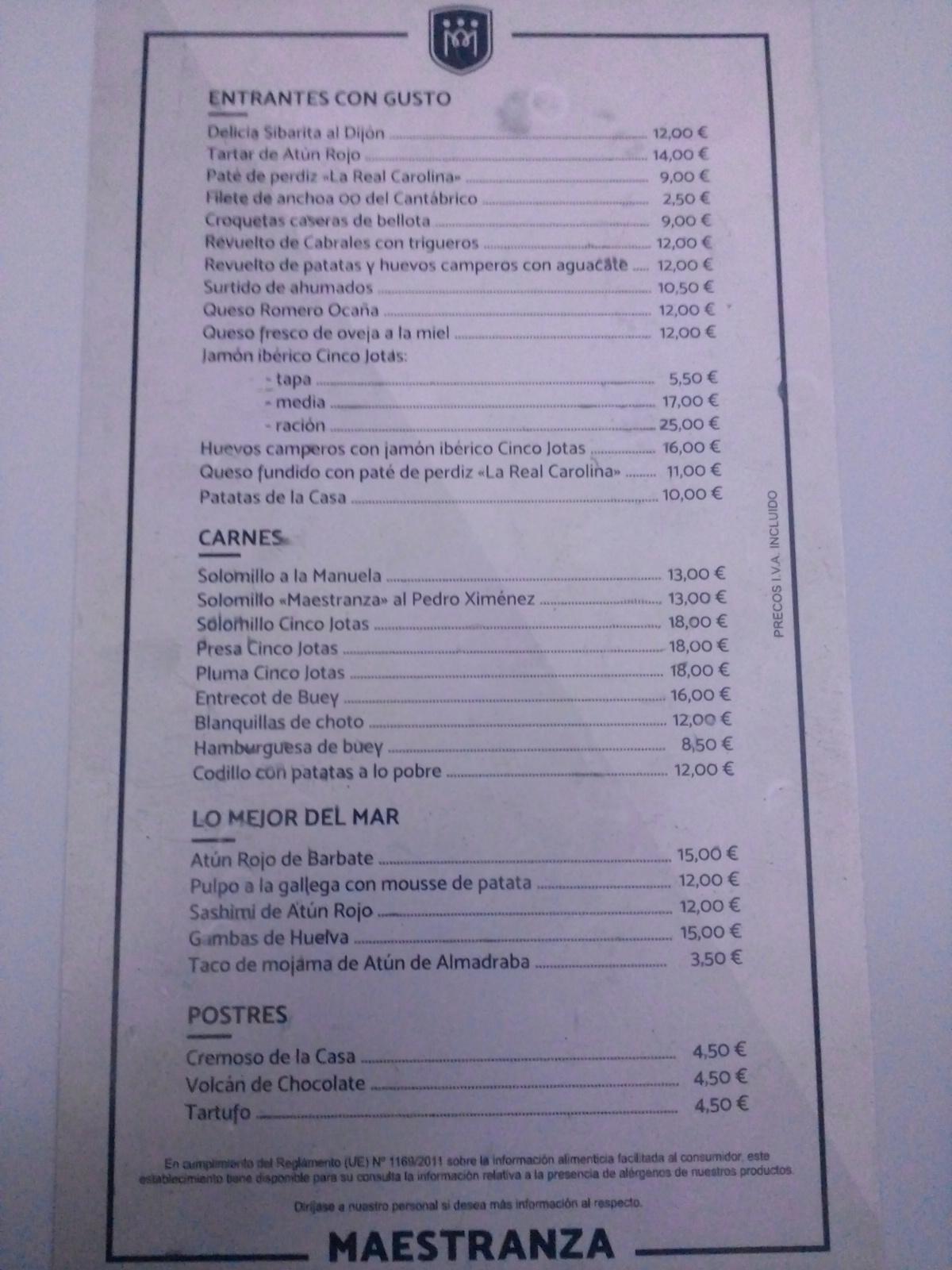Menu at Taberna Maestranza pub & bar, Jaén
