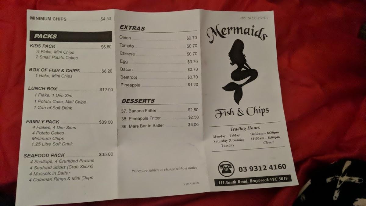 Menu at Mermaids Fish & Chips fast food, Braybrook