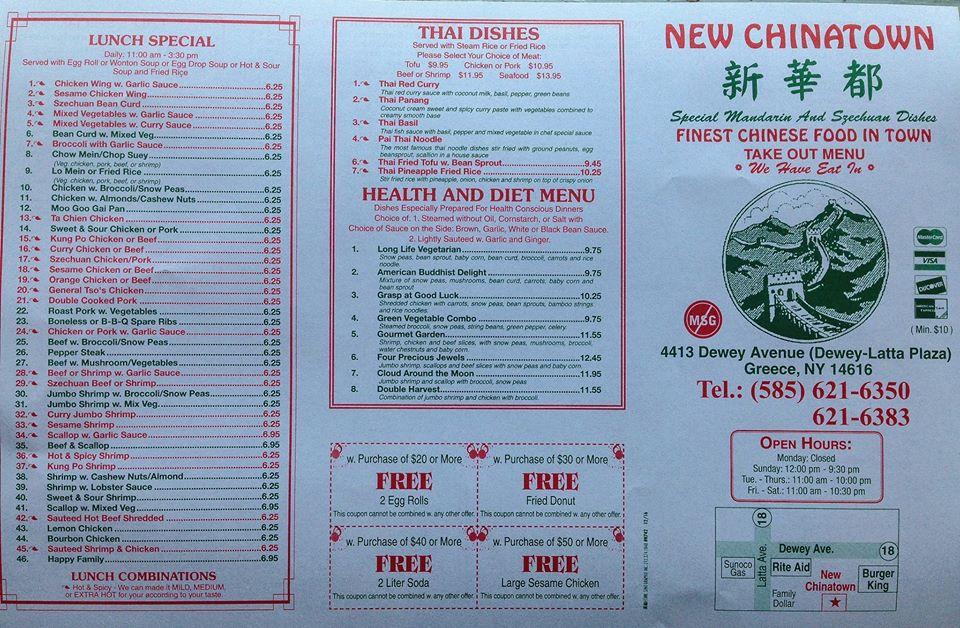 Menu at New Chinatown Asian Restaurant, Rochester
