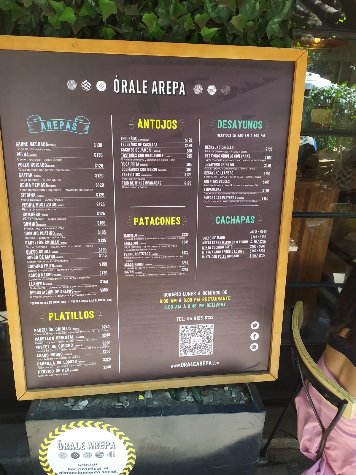 Menu at Orale Arepa restaurant, Mexico City, Schiller 330