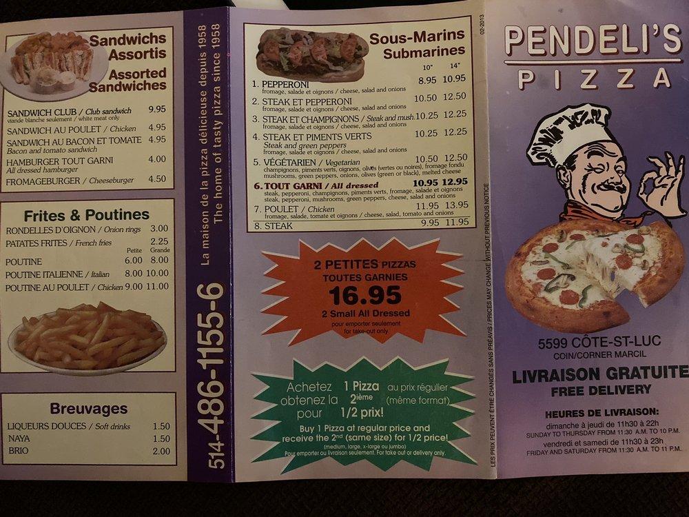 Menu at Pendeli's Pizza pizzeria, Montréal, Côte Saint Luc Rd