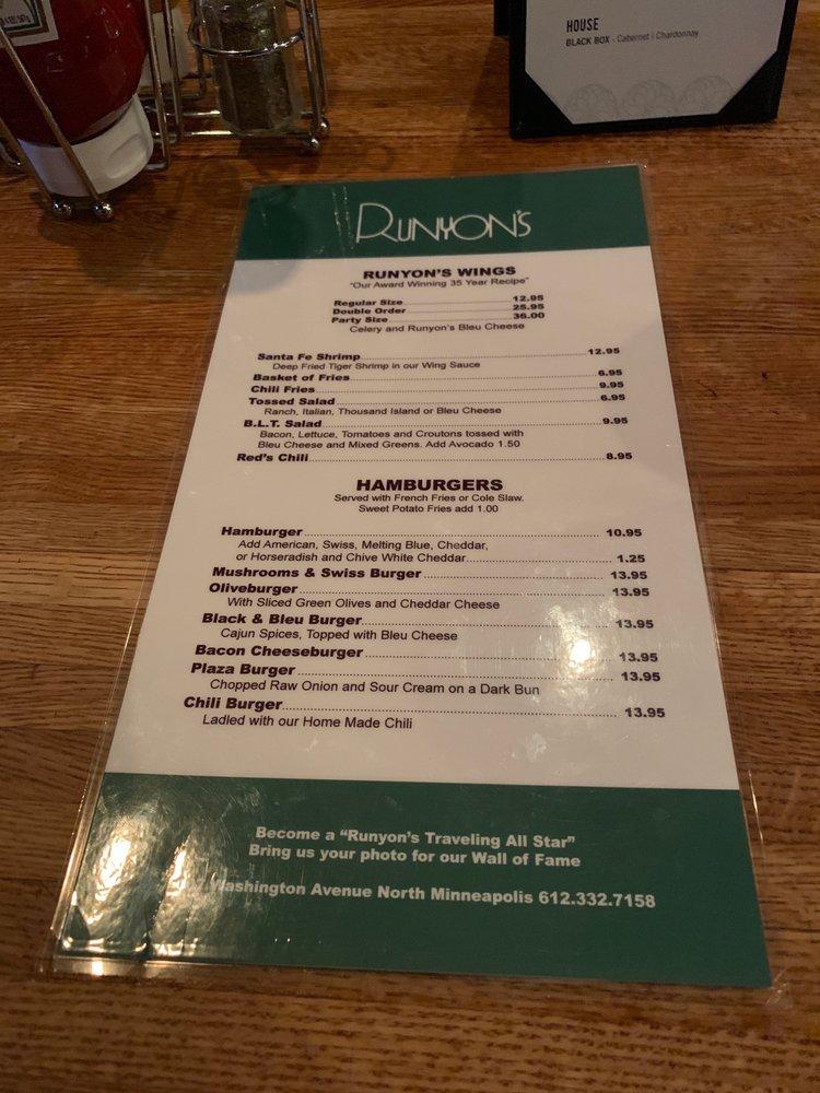 Menu at Runyon's pub & bar, Minneapolis