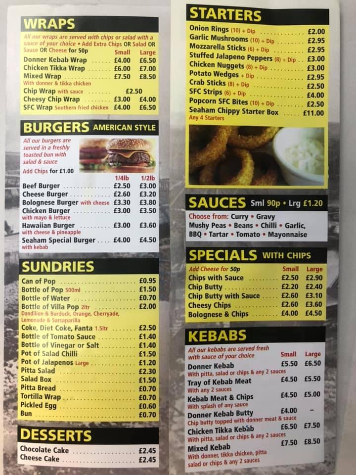 Menu at Seaham Chippy fast food, Seaham