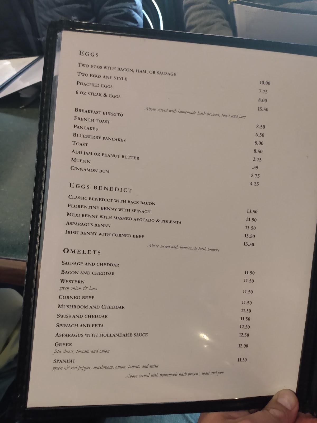 Menu at The Nook restaurant, Winnipeg
