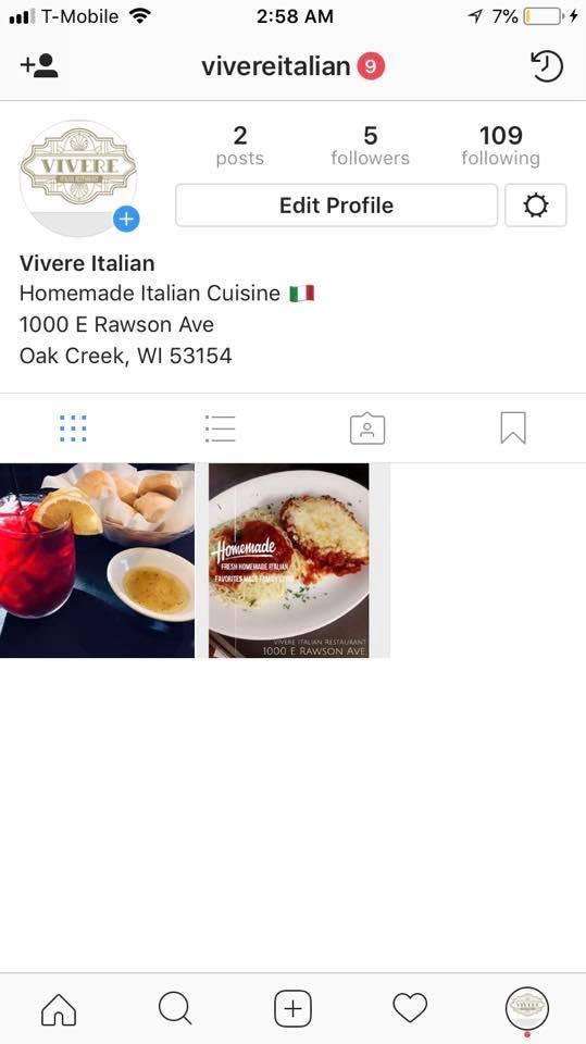 Menu at Vivere Italian Restaurant, Oak Creek