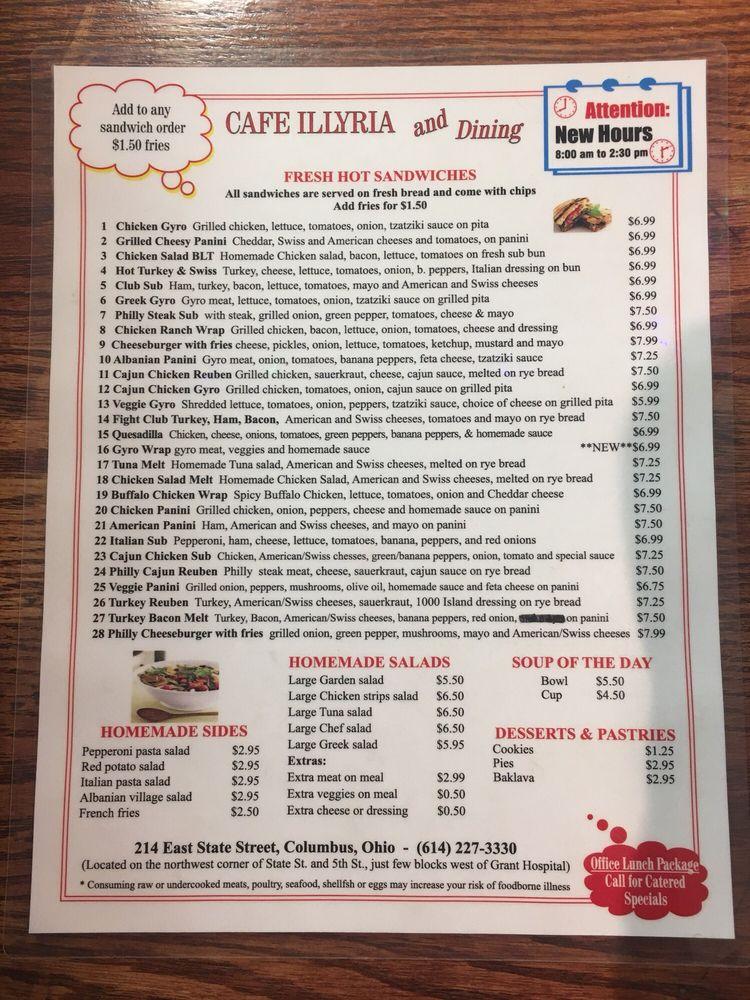 Menu at Cafe Illyria, Columbus