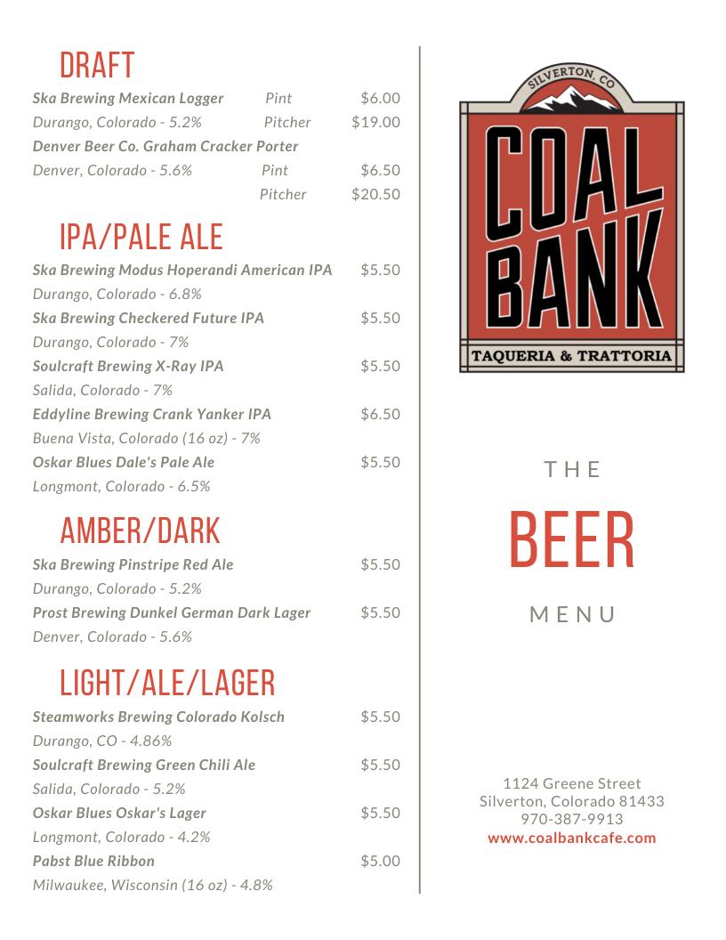 Carta del restaurante Coal Bank Taqueria, Silverton
