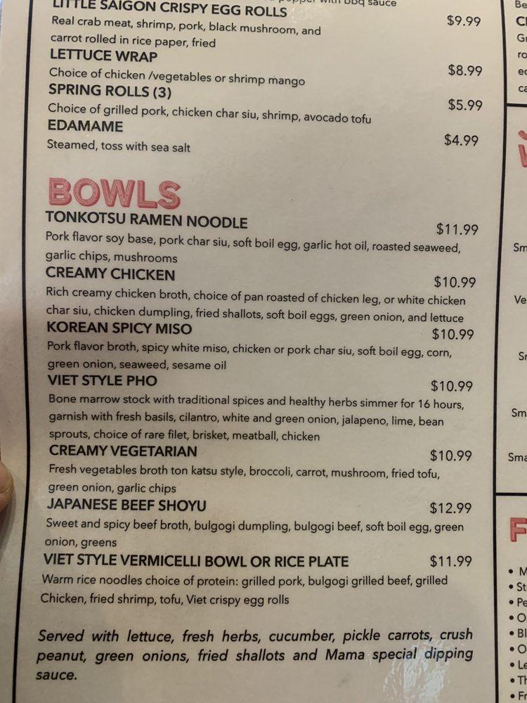 Menu at Journey Ramen restaurant, Mandeville