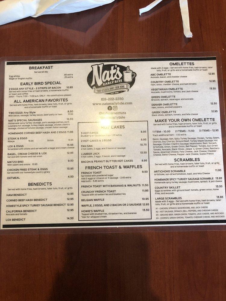 Menu at Nat's On Ventura restaurant, Los Angeles