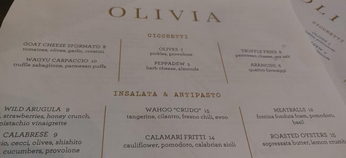 Menu at OLIVIA pub & bar, Tampa
