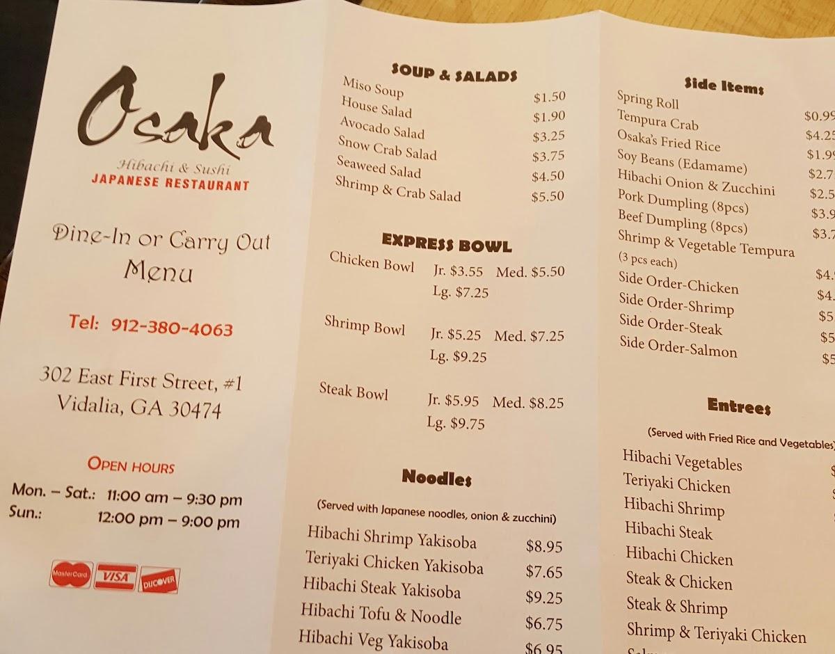 Menu at Osaka Hibachi & Sushi restaurant, Vidalia