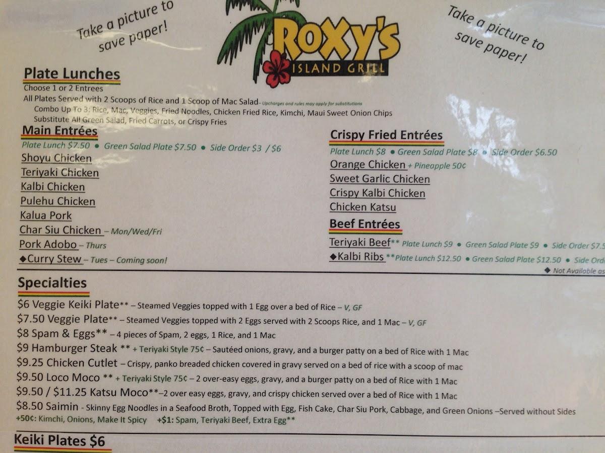 Menu at Roxy's Island Grill restaurant, Canby