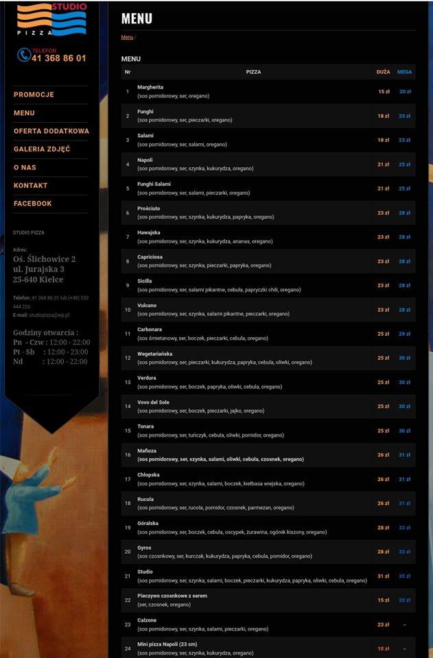 Menu at Pizza Studio restaurant, Kielce