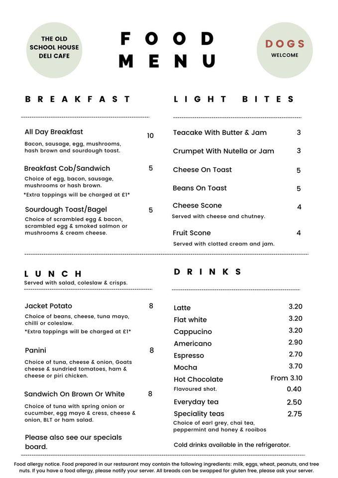 Menu at The Old School House Deli Cafe, Ilkeston