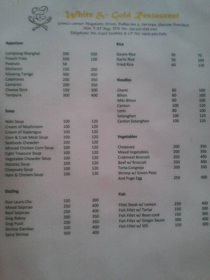 Menu at WHITE and GOLD Restaurant, Sariaya
