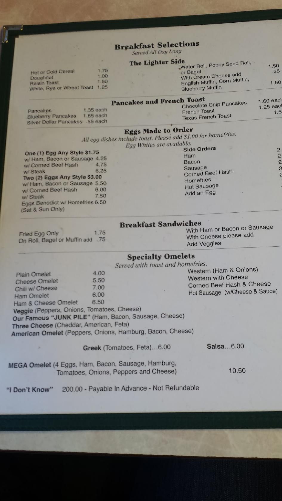 Menu at Al's Diner restaurant, Chicopee