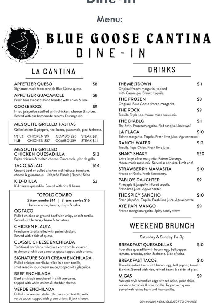 Menu at Blue Goose Cantina Mexican Restaurant, Fort Worth
