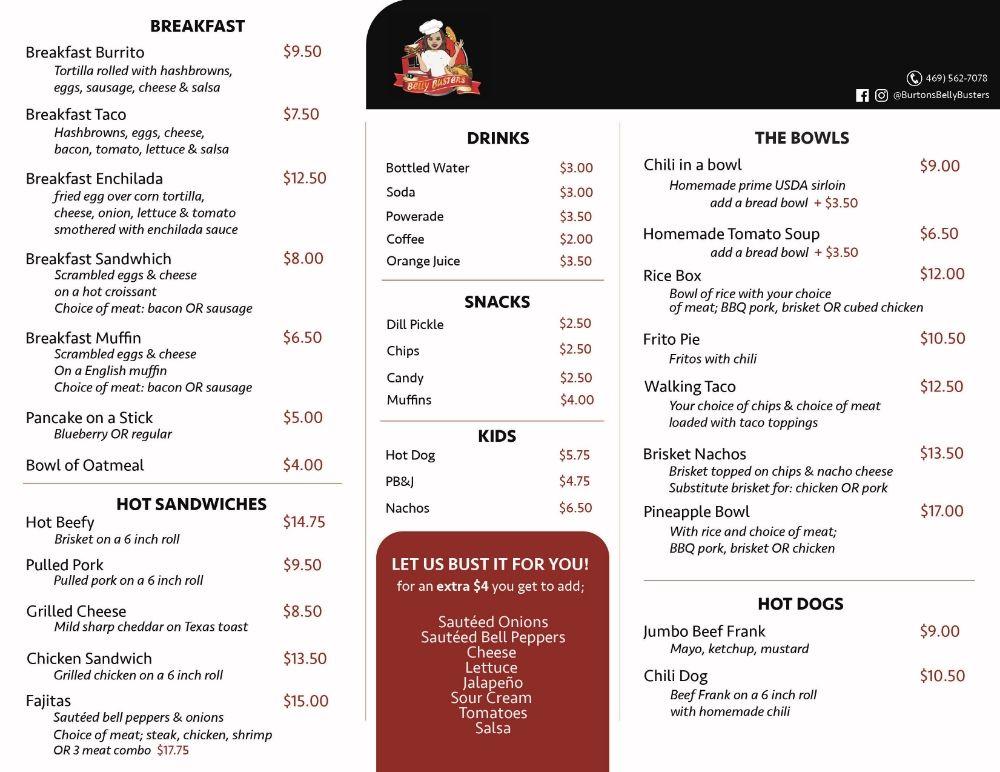 Menu at Burtons Belly Busters restaurant, Lowry Crossing