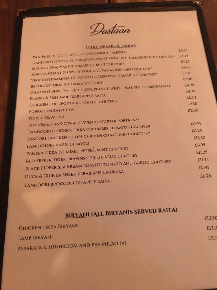 Menu at Dastaan restaurant, Epsom