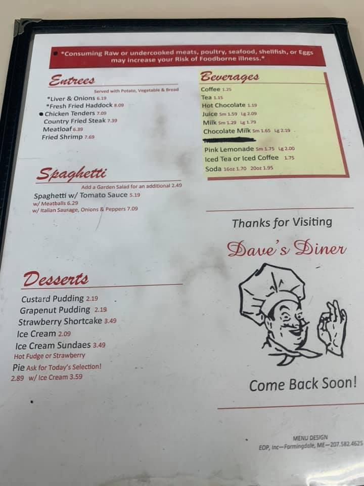Menu at Dave's Diner restaurant, Gardiner