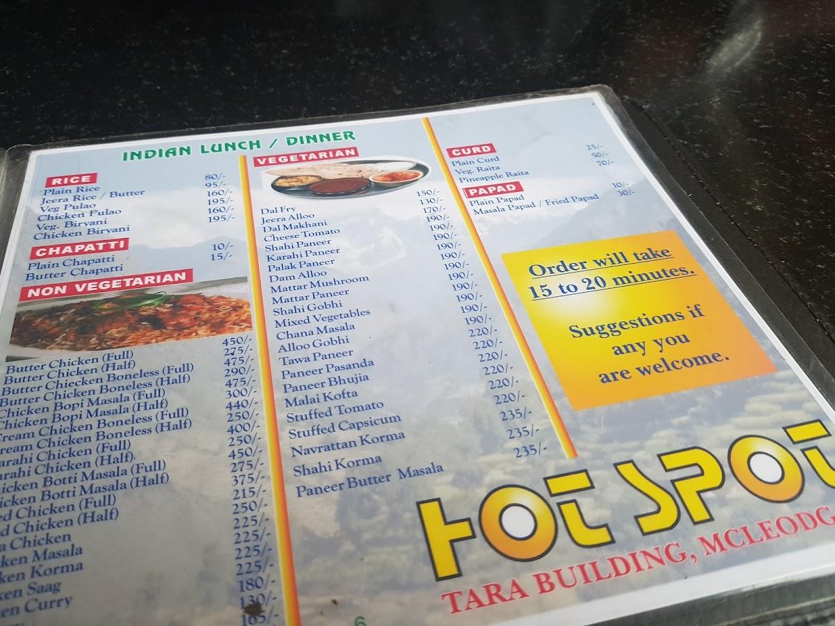 Menu at Hot Spot, Dharamshala, Main Square