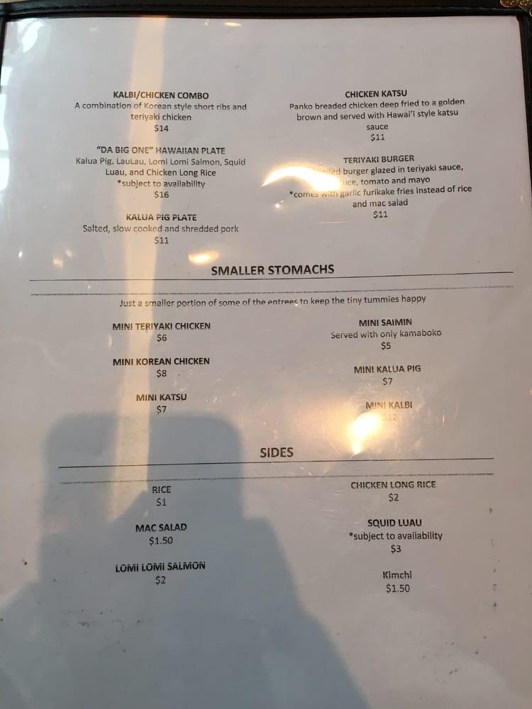 Menu at Kama'aina restaurant, Forest Grove