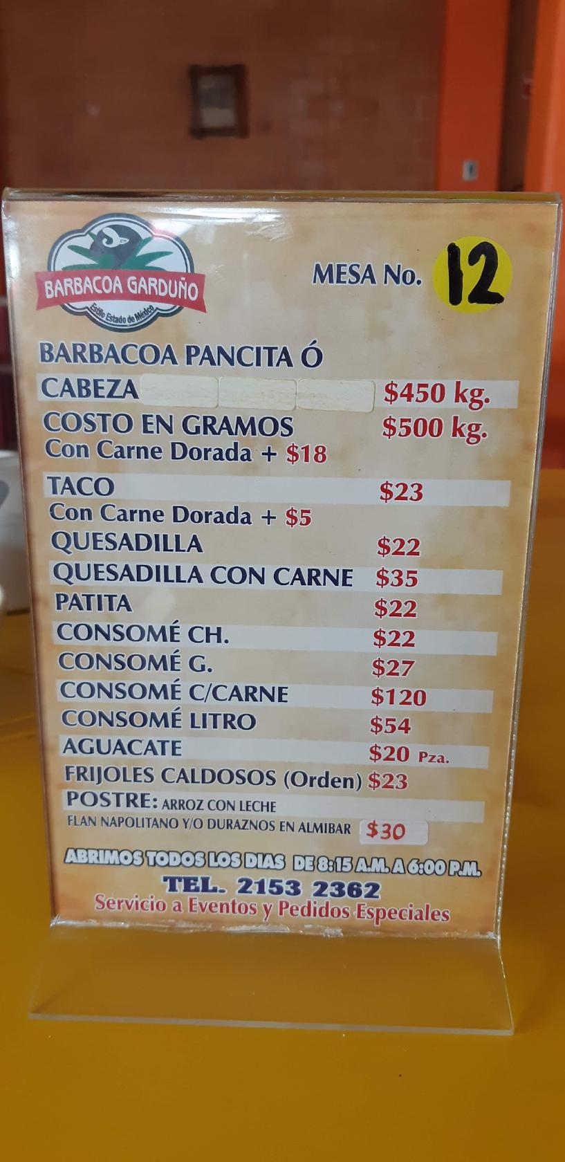 Menu at La Barbacoa Garduño, San José el Quince