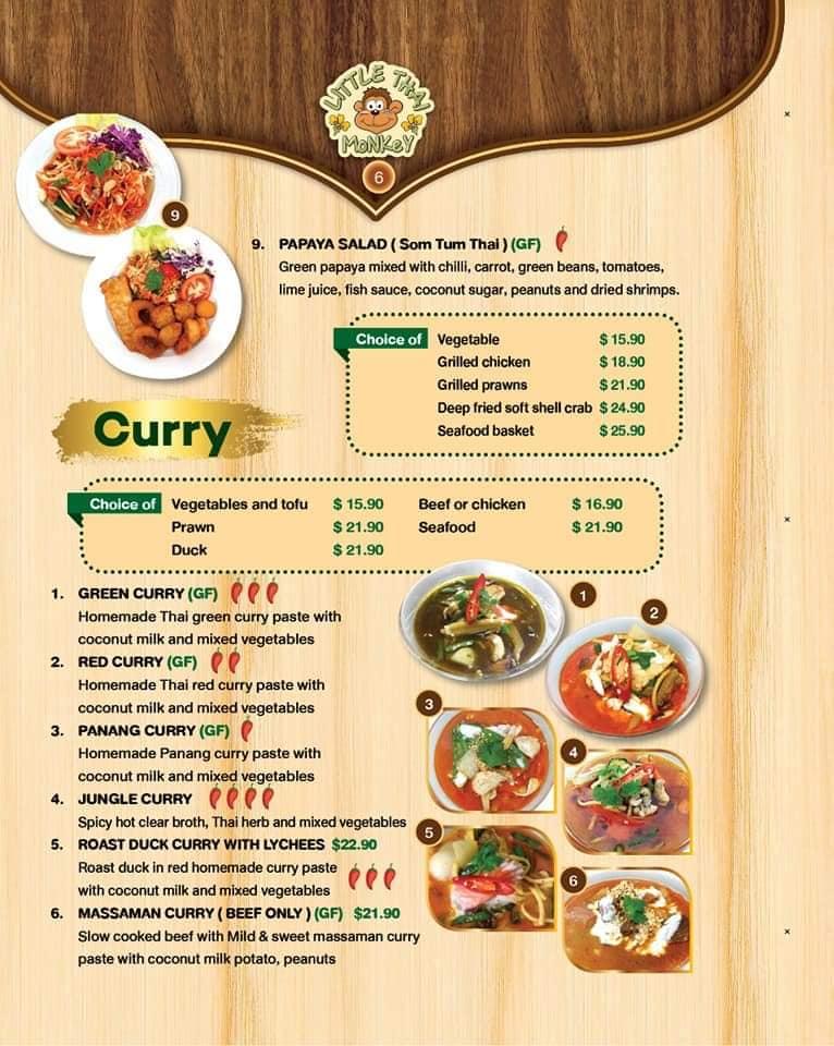 Menu at Little Thai Monkey restaurant, Wangi Wangi, 1/226 Watkins Rd