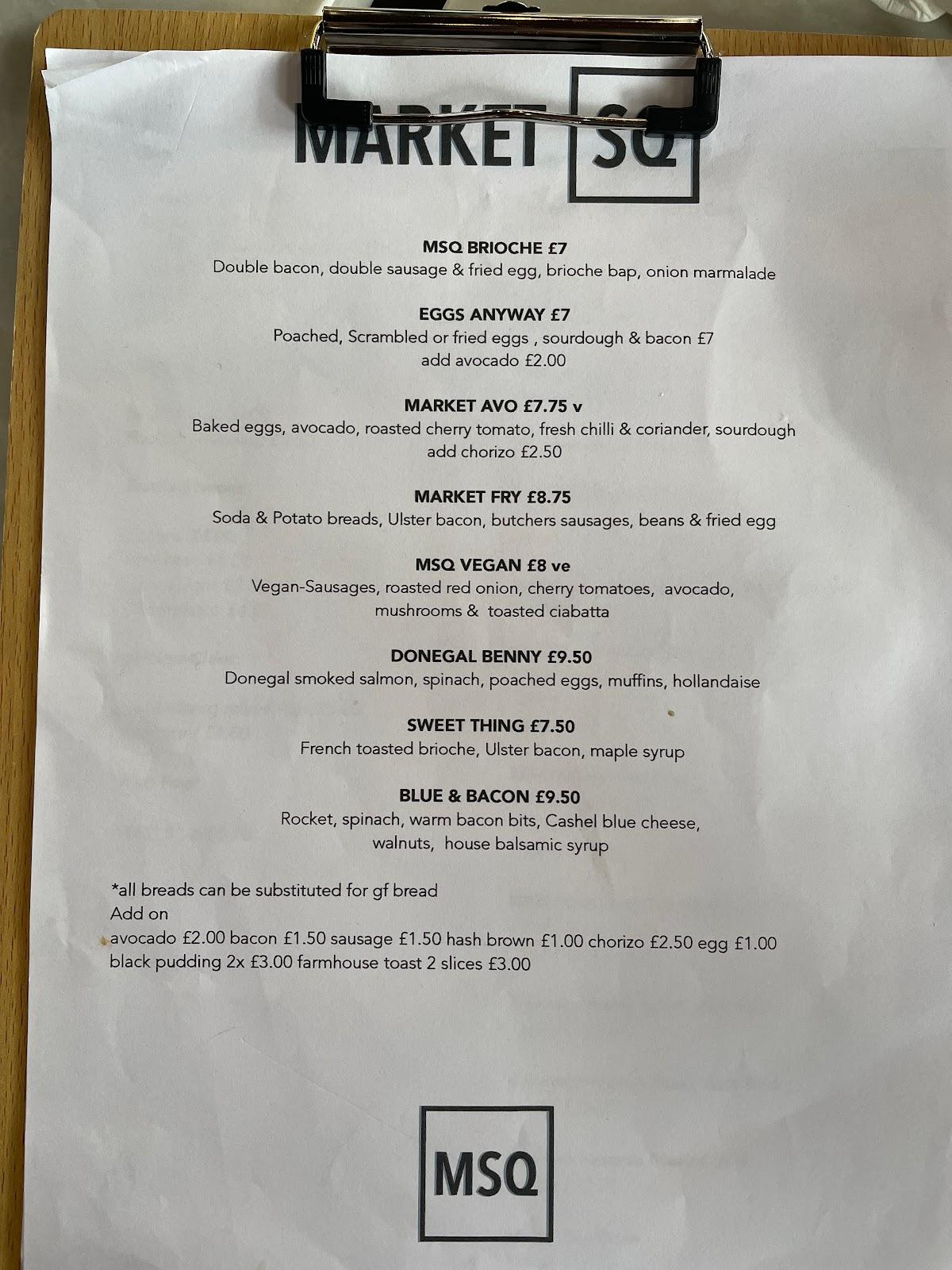 Menu at Market Square restaurant, Bushmills