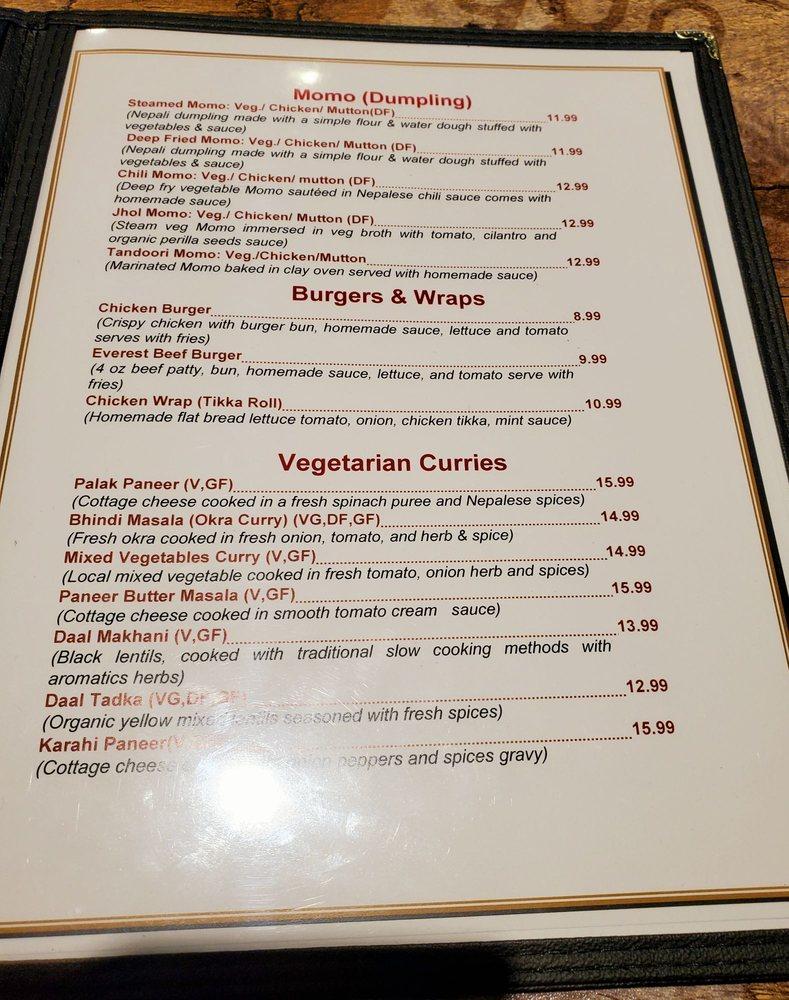 Menu au Mount Everest Kitchen & Grill restaurant, Vancouver