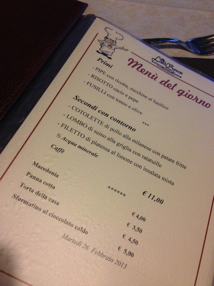 Menu da Ristorante Lord Byron, Novara
