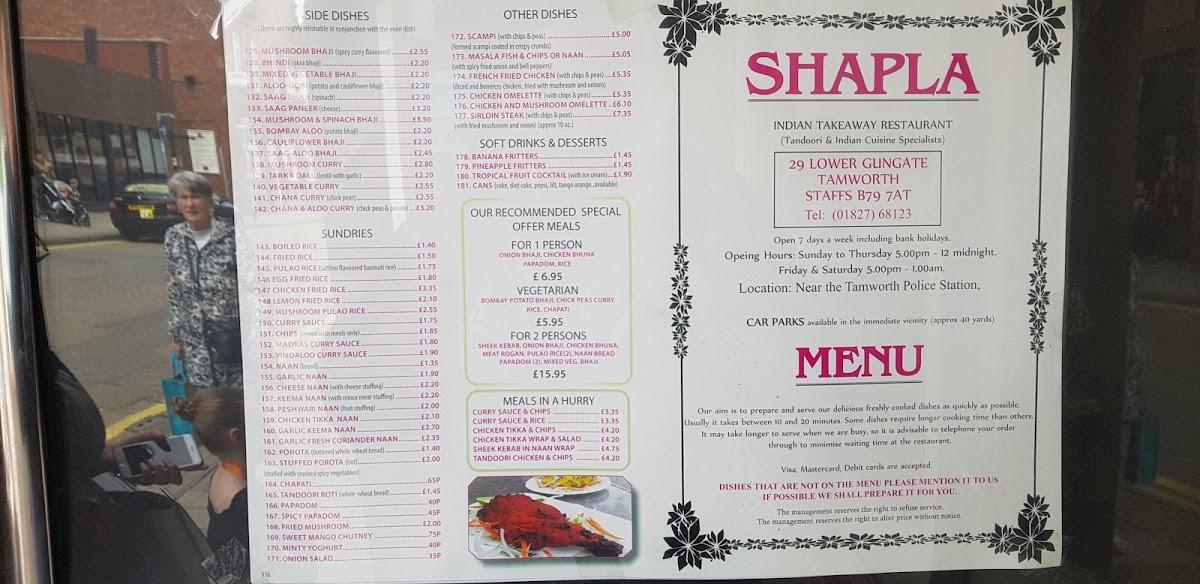 Menu at Shapla Indian Take Away fast food, Tamworth