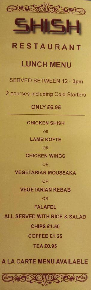 Menu at Shish Restaurant, Woodford, 23A The Broadway