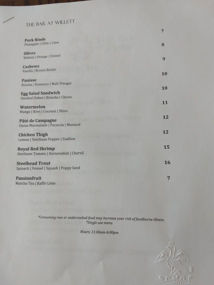 Menu at The Bar at Willett, Bardstown