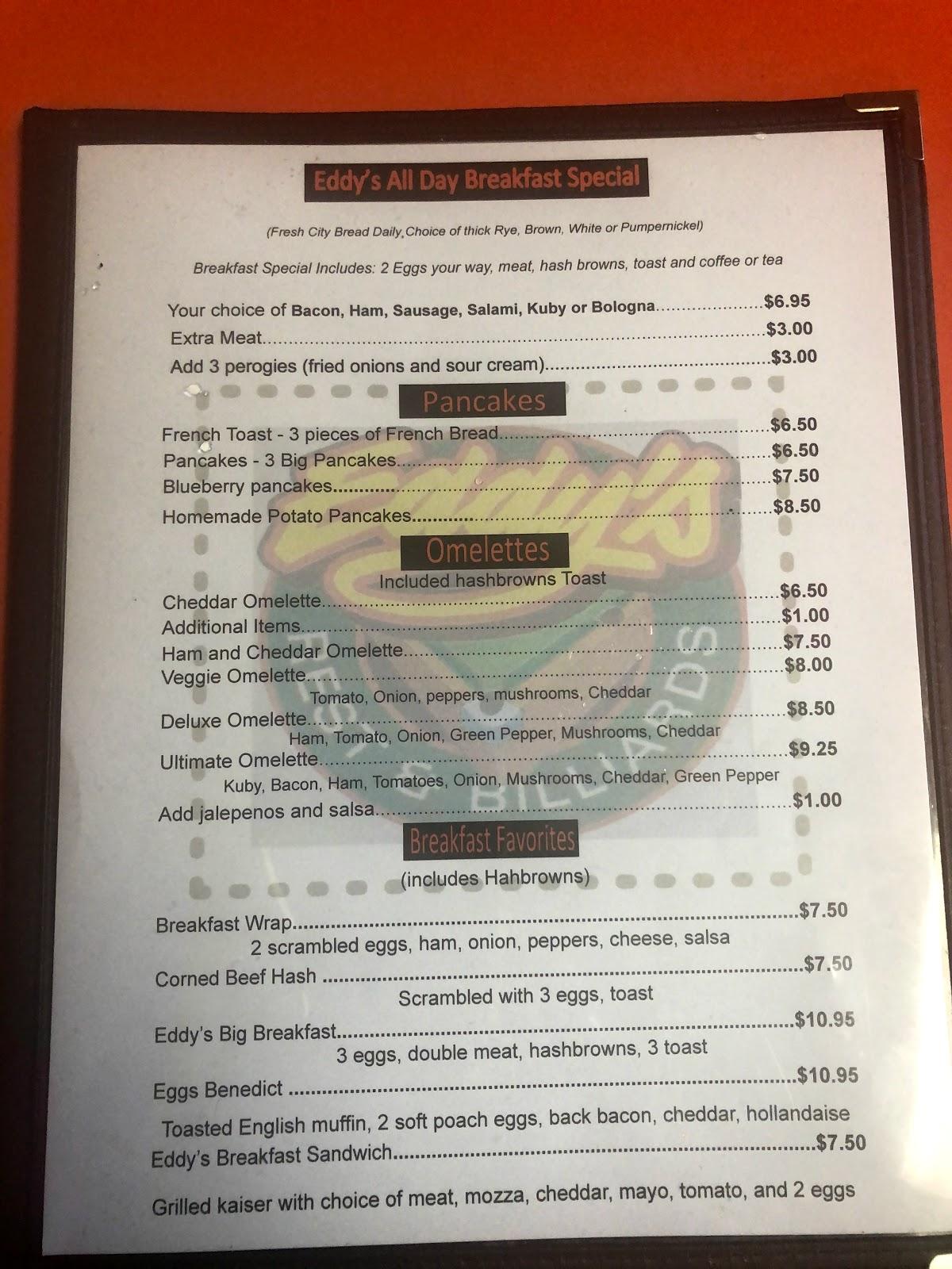 Menu at Eddy's Place restaurant, Winnipeg