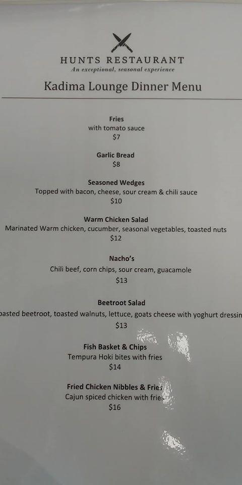 Menu at Hunts Restaurant, Lower Hutt
