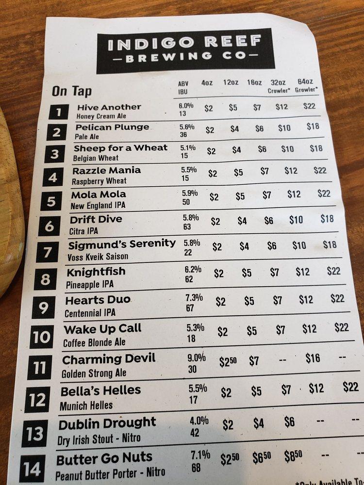 Menu at Indigo Reef Brewing Company, Charleston