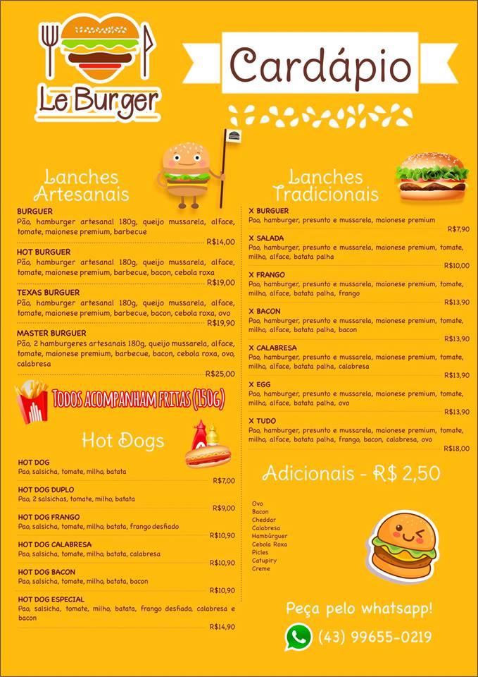 Menu at Le Burger restaurant, Apucarana