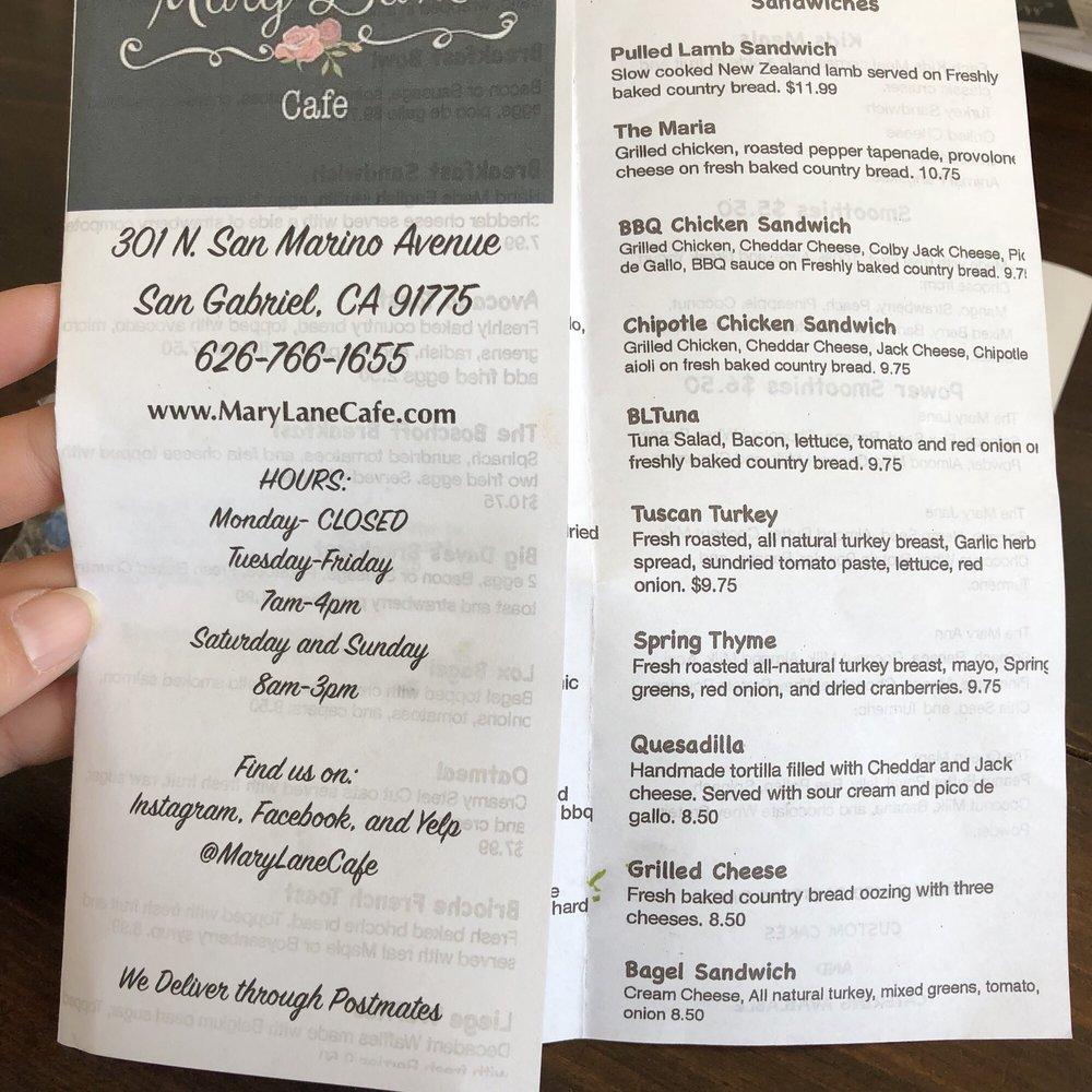 Menu at Mary Lane Cafe, San Gabriel