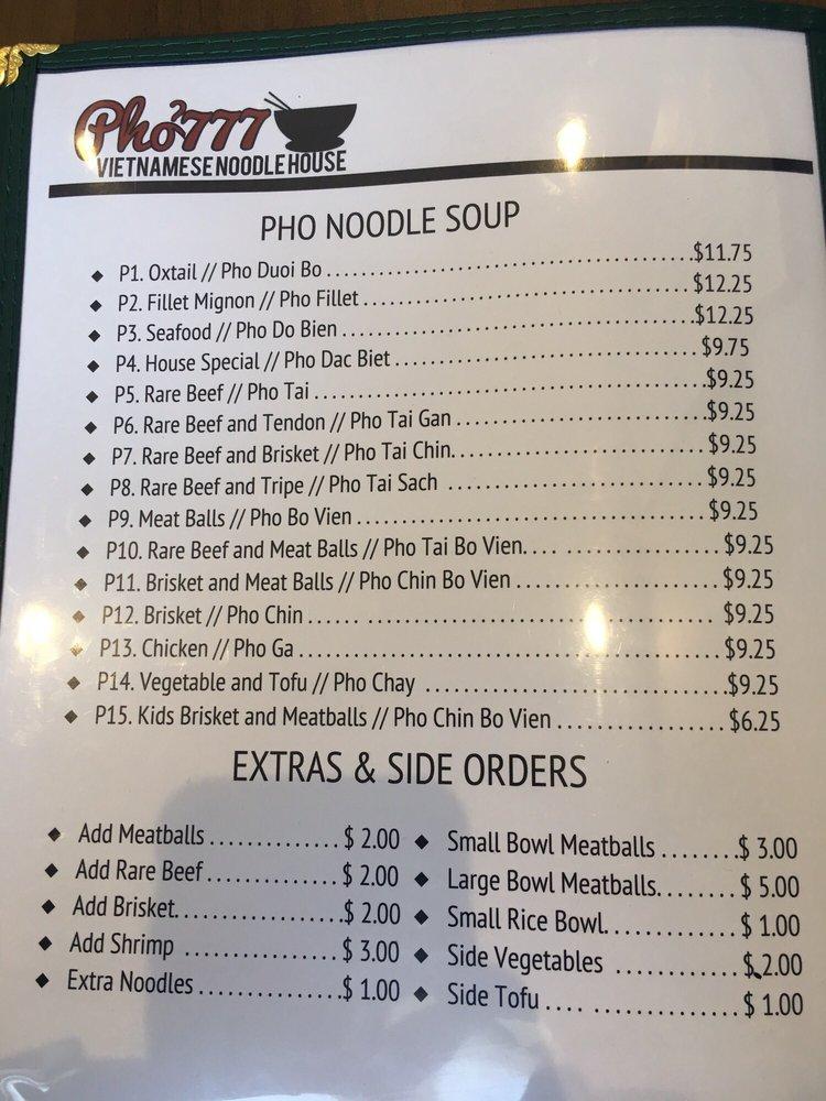 Menu at Phở 777 restaurant, West Valley City