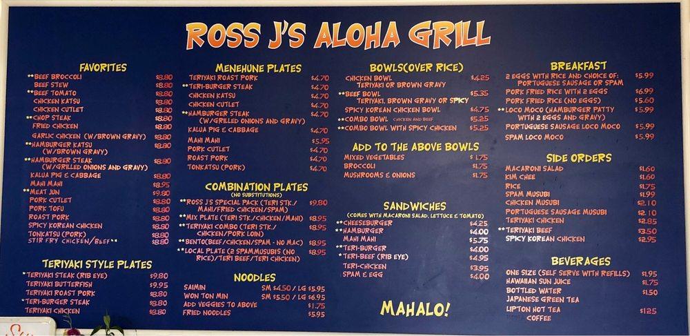 Menu at Ross J's Aloha Grill restaurant, Henderson, Sunset Rd